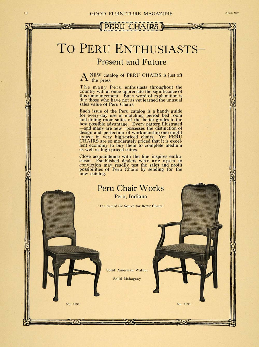1921 Ad Peru Chair Works Furniture Bedroom Dining Room - ORIGINAL GF4 ...