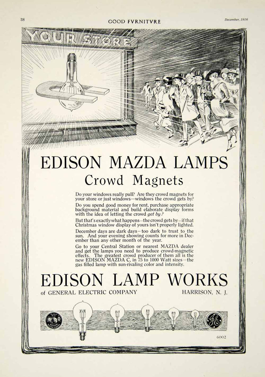 1916 Ad Vintage Mazda C Light Bulb Edison Lamp Works Crowd Store Magne ...