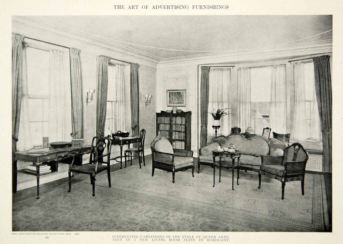 1917 Print Living Room Furniture Queen Anne Style Sofa Interior Design ...