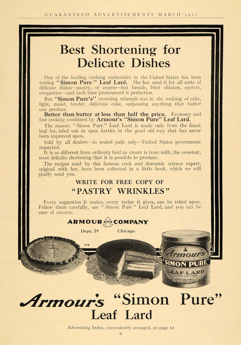 1912 Ad Armour's Simon Pure Leaf Lard Shortening Can - ORIGINAL ADVERT ...