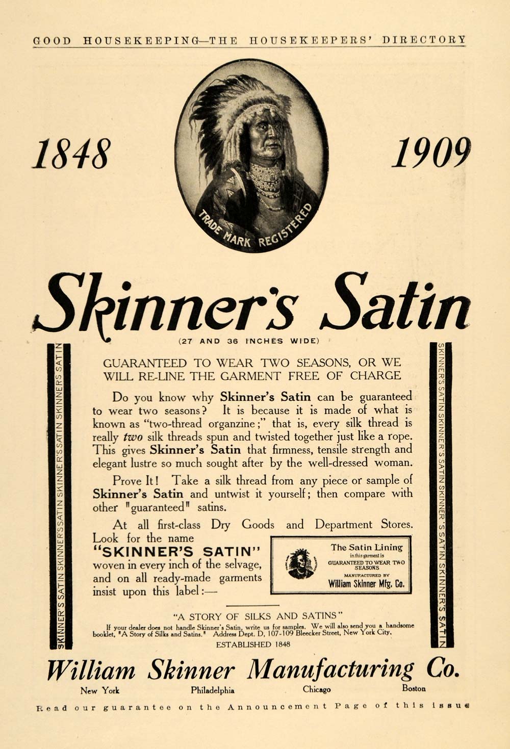 1909 Ad William Skinner Manufacturing Co. Satin Native - ORIGINAL GH3 ...