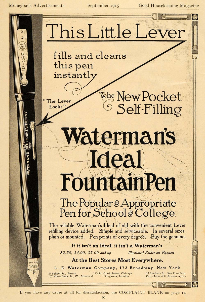 1915 Ad L E Waterman Co Ideal Pocket Fountain Pen - ORIGINAL ADVERTISI ...