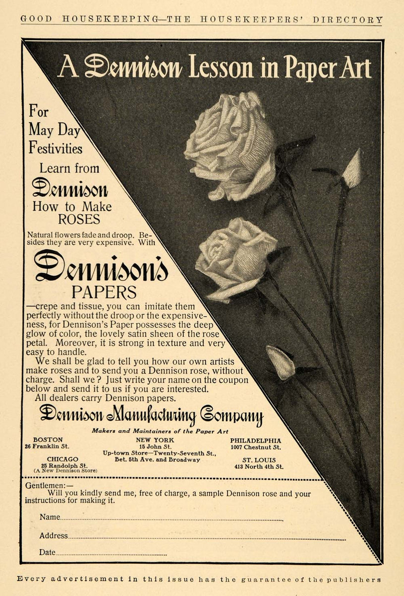 1909 Ad Dennison Manufacturing Co. Papers Crepe Roses - ORIGINAL ADVER ...