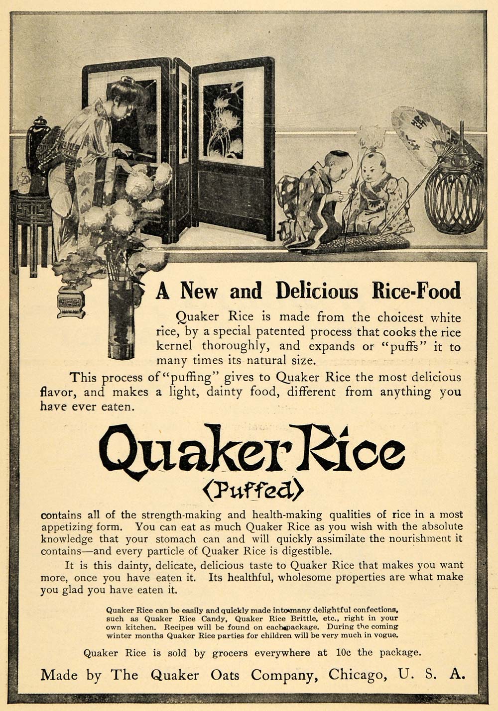 1906 Ad Quaker Rice Puffed Oats Chicago Asia Cereal Fan - ORIGINAL GH3 ...