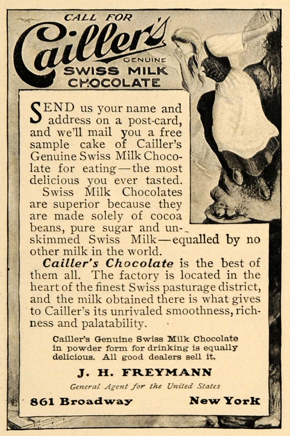 1904 Ad Cailler's Swiss Milk Chocolate Freymann Dessert - ORIGINAL GH3 ...