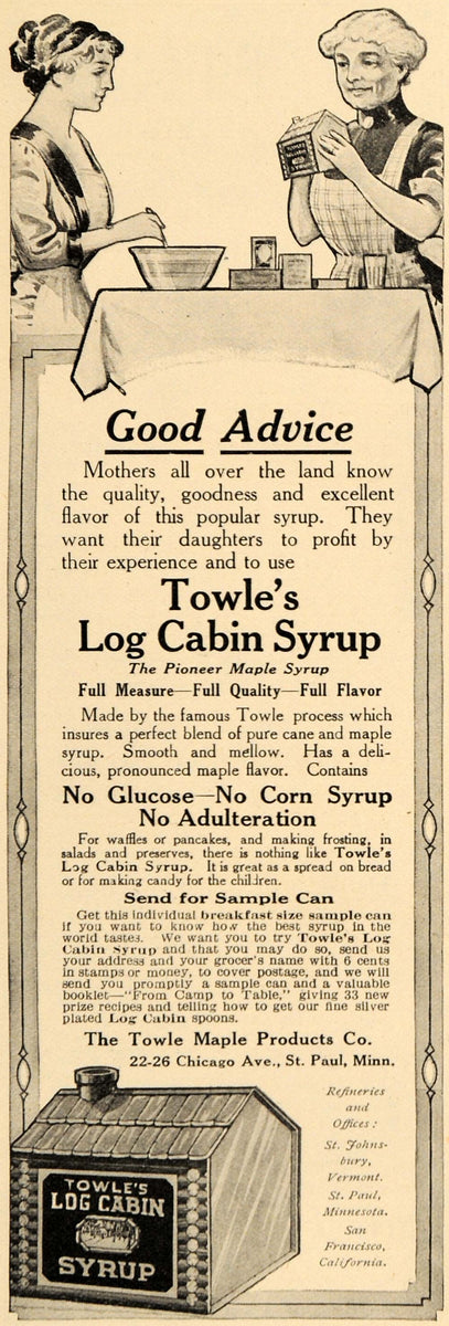 1912 Ad Towle's Log Cabin Pioneer Maple Syrup Condiment - ORIGINAL GH3 ...