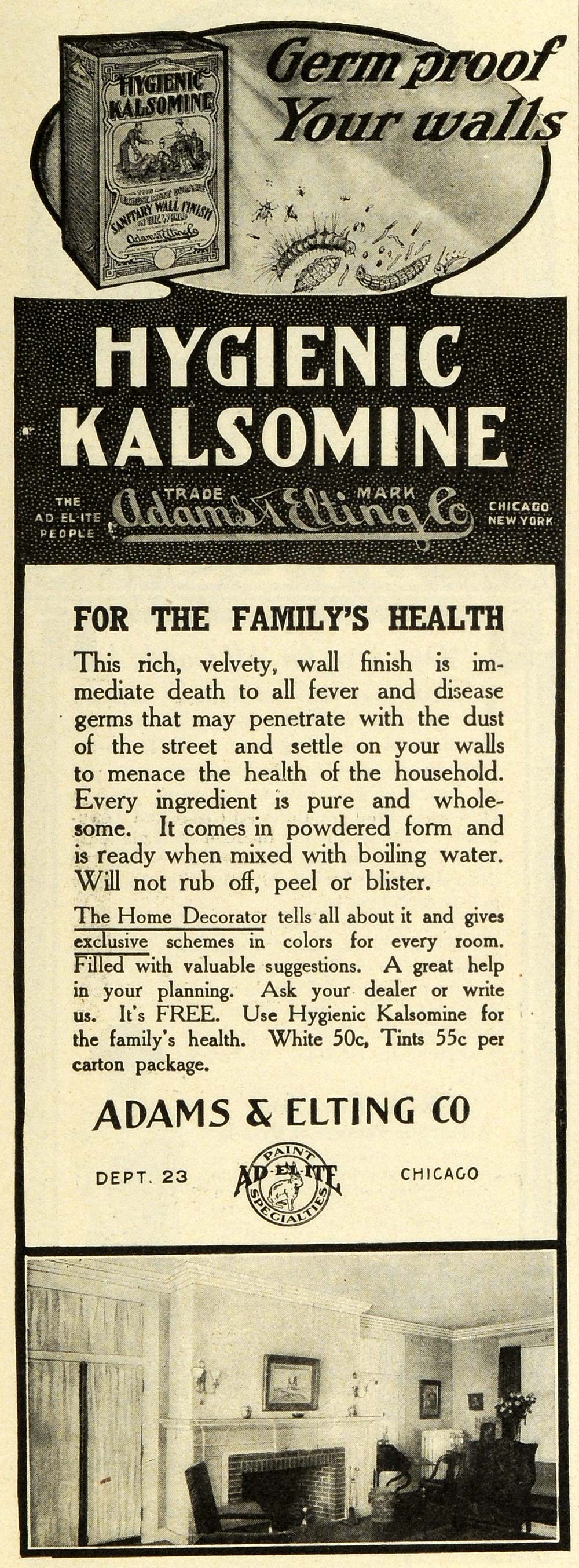 1911 Ad Hygienic Kalsomine Adams Elting Home Wall Germicide Interior G ...