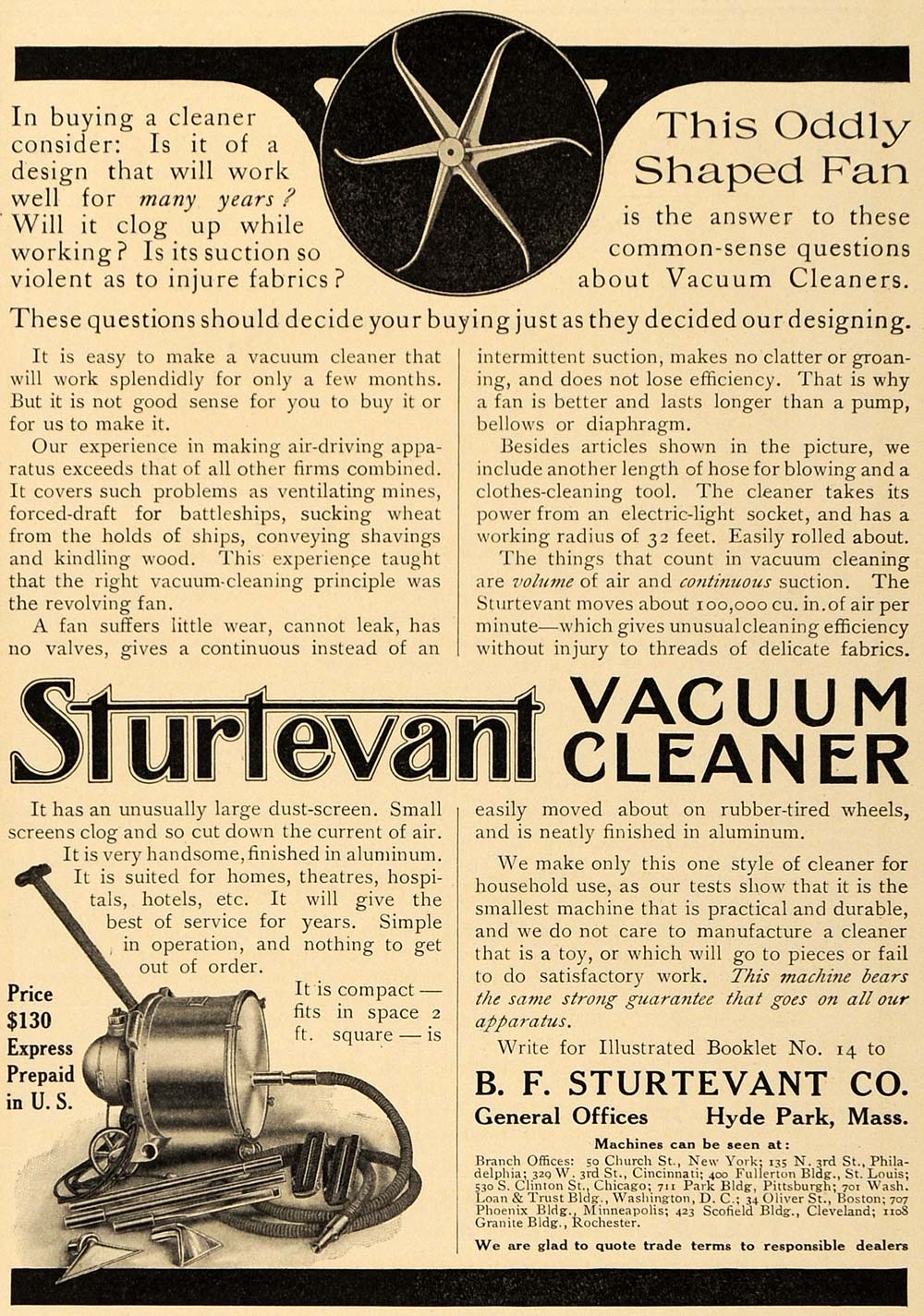 1910 Ad Sturtevant Vacuum Cleaner Fan Clean Appliances - ORIGINAL GM1 ...