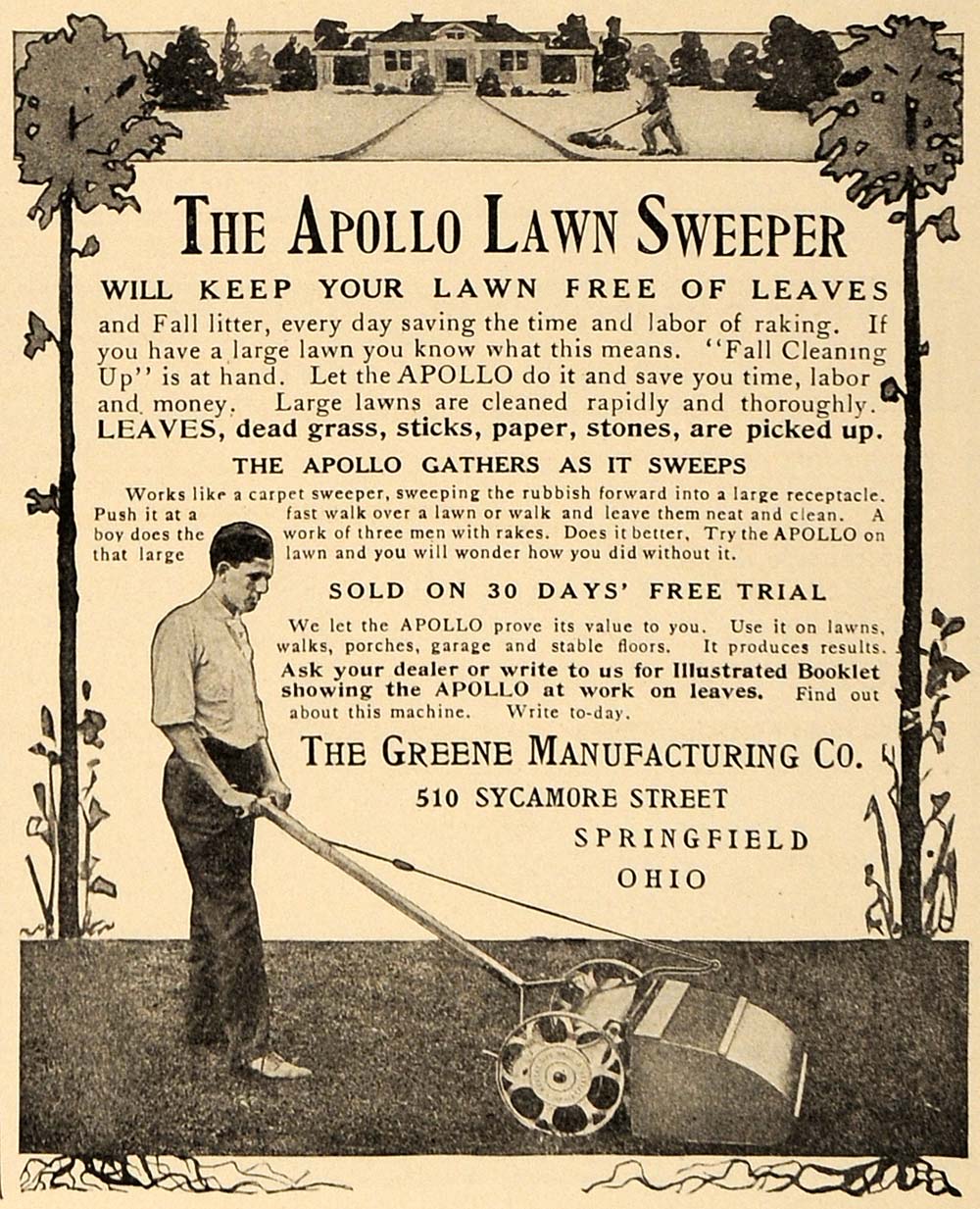 1908 Ad Apollo Lawn Sweeper Leaves Grass Care Cleaning - ORIGINAL GM1 ...