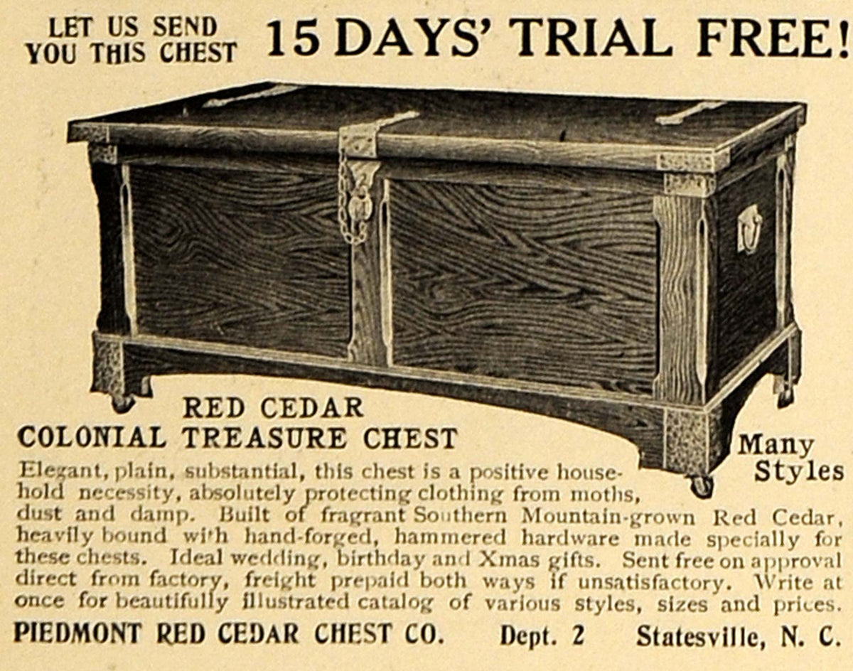 1909 Ad Colonial Treasure Chest Piedmont Red Cedar Co - ORIGINAL ADVER ...
