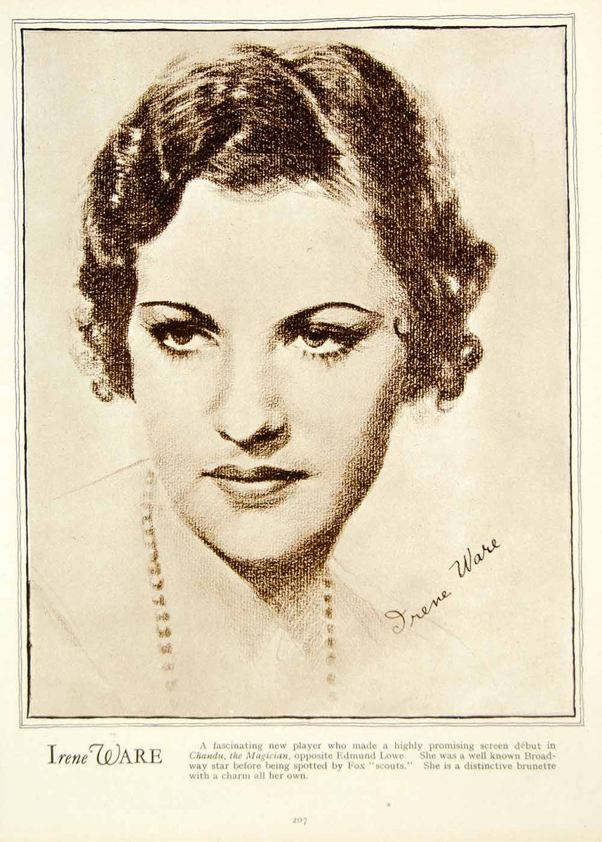 1933 Rotogravure Irene Ware Actress Sketch Portrait Hollywood Star Mov ...