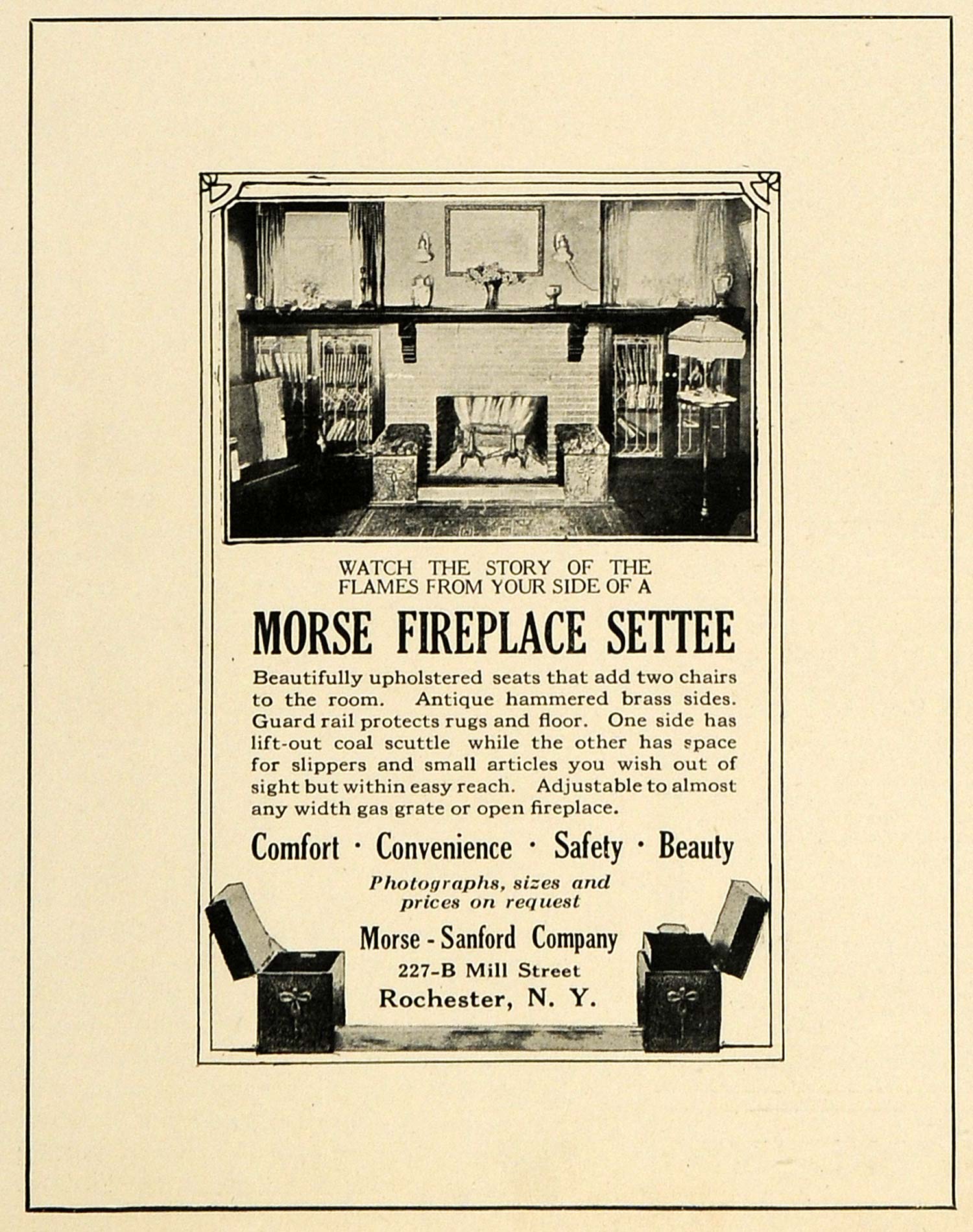 1920 Ad Morse Sandford Co Fireplace Settee Rochester Antique Hammered ...