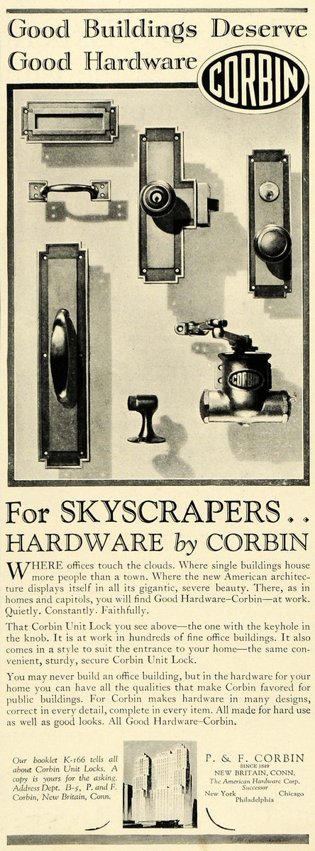 1928 Ad Skyscrapers Corbin Unit Locks Door Knob Handles P & F Corbin H ...