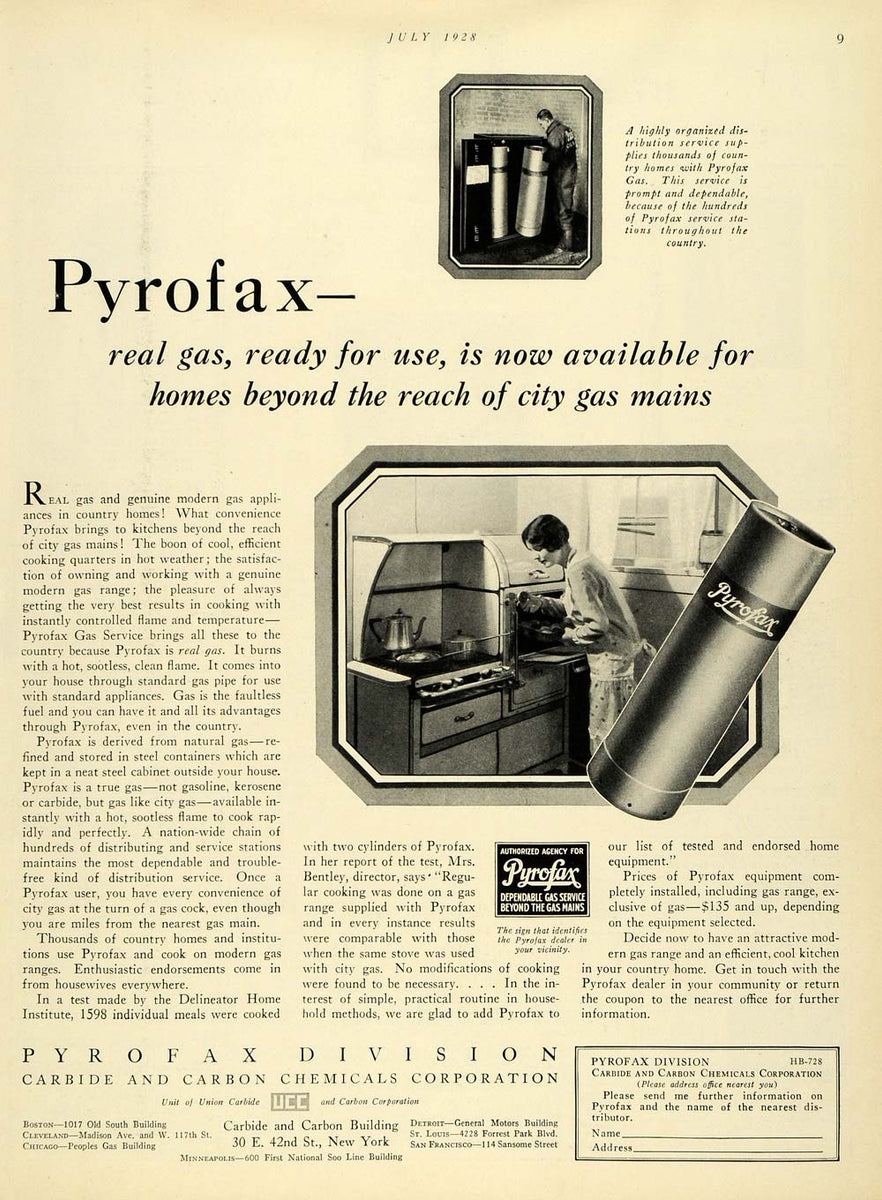 1928 Ad Pyrofax Gas Equipment Range Stove Kitchen Carbide Carbon Chemi ...