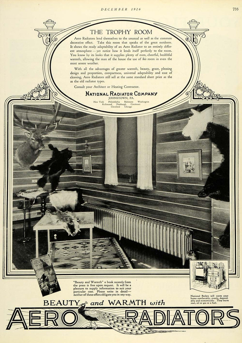1926 Ad Hunting Rooms Deer Bear Aero Radiators Boilers Heating Nationa ...