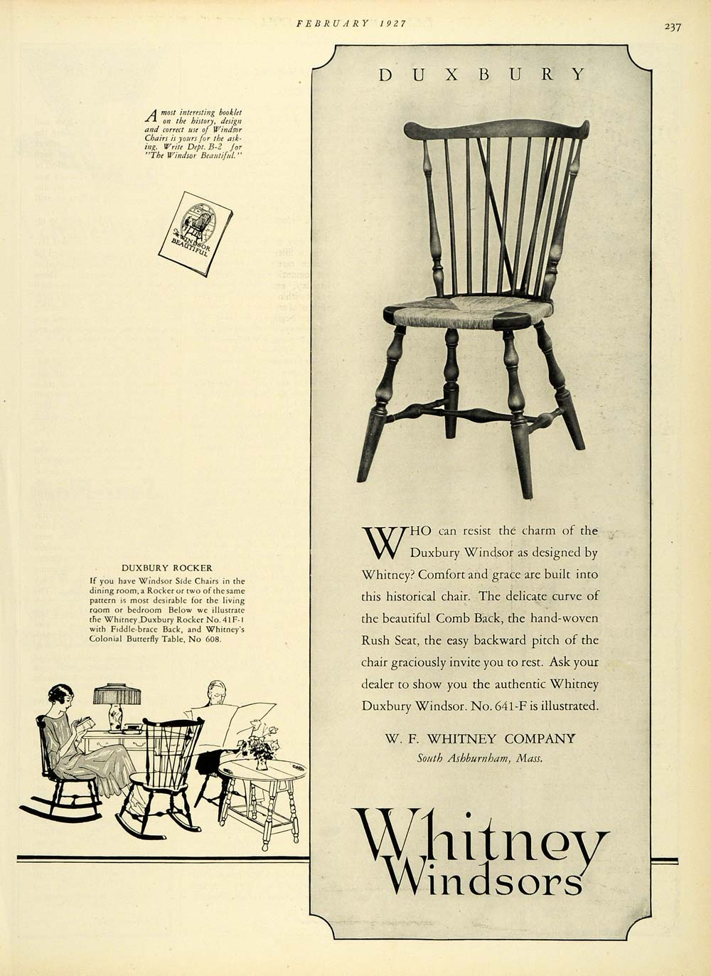1927 Ad Whitney Windsors South Ashburnham Massachusetts Furniture Rock ...