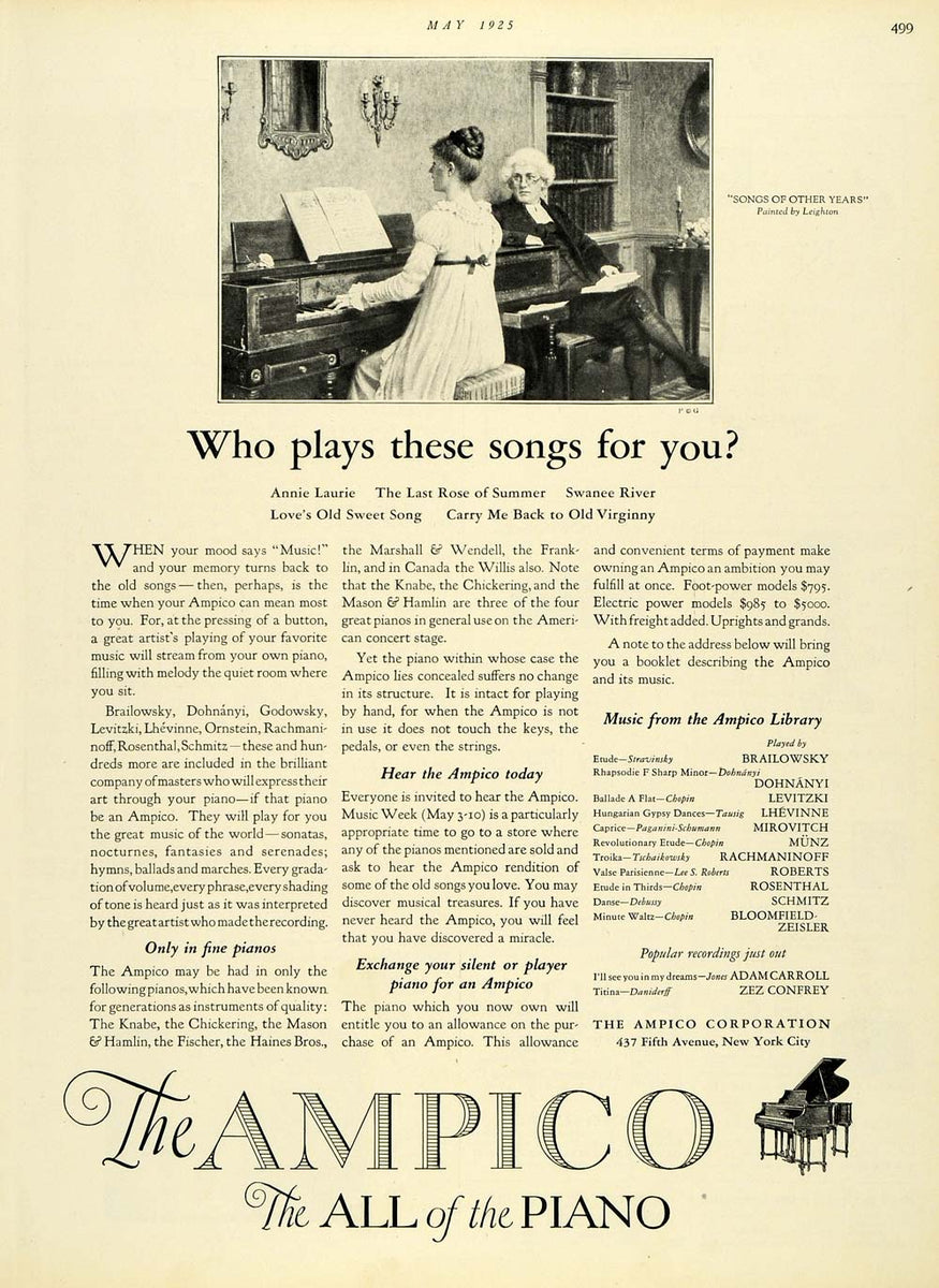 1925 Ad Music Ampico Piano Songs of Other Years Leighton Musical Instr ...