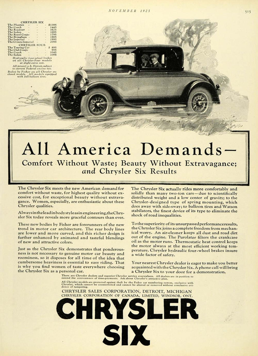 1925 Ad Luxury Car Chrysler Six Automobile Vintage Motor Vehicle HB3 ...