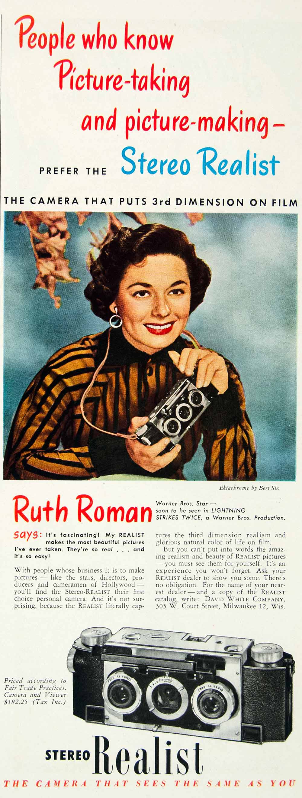 1951 Ad Stereo Realist Camera Film Ruth Roman Warner Bros Actress HDL2 ...