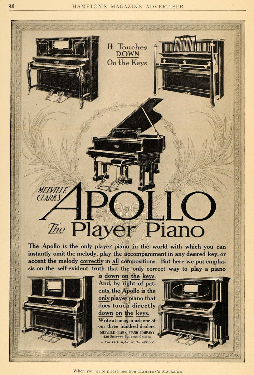1911 Ad Melville Clark's Apollo Player Piano Models Music Keys Instrum ...