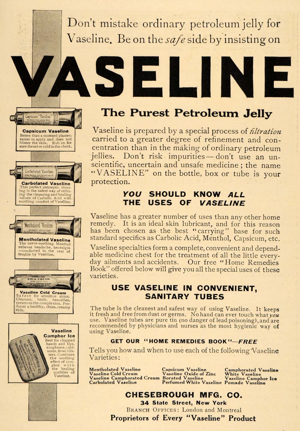 1911 Ad Chesebrough Vaseline Pure Petroleum Jelly Tubes Lubrication Me ...