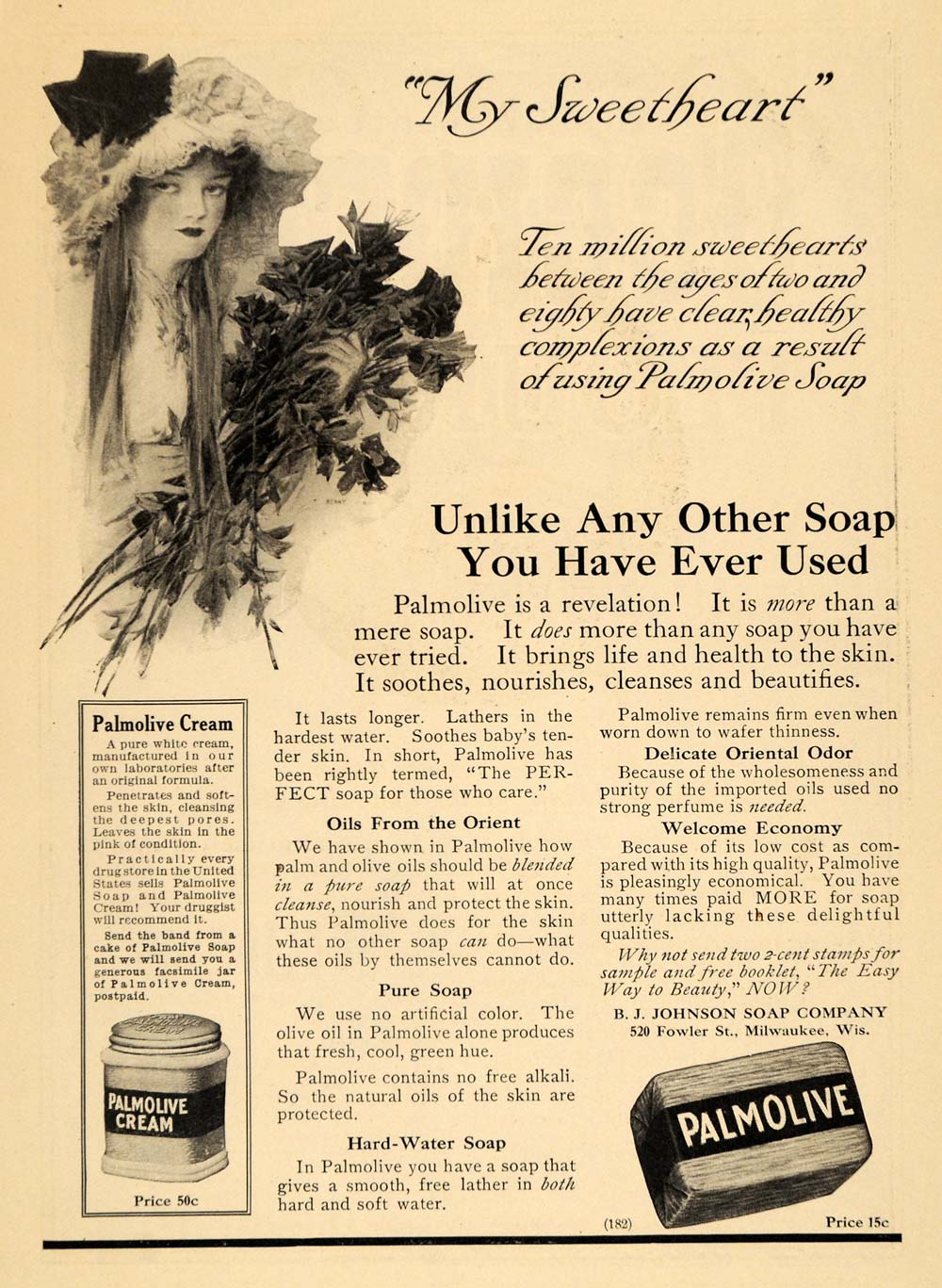1912 Ad Palmolive Sweetheart Soap Orient Oil Milwaukee Clean Personal ...