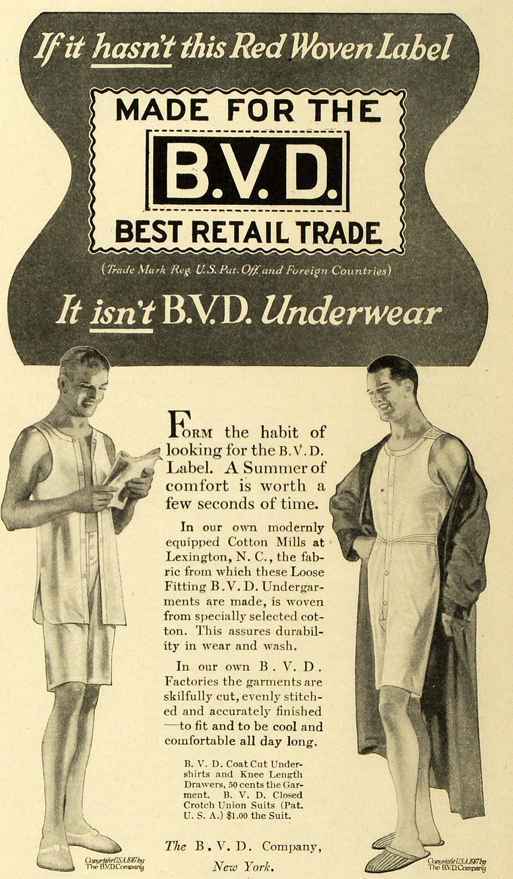 1917 Ad B. V. D. Men's Undergarments Underwear Fashion - ORIGINAL HST1 ...
