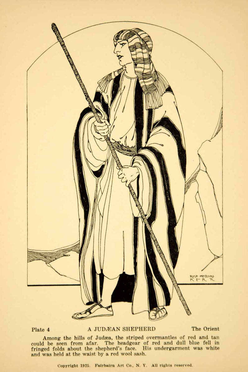 1925 Lithograph Judean Shepherd Traditional Costume Robe Rose Netzorg ...