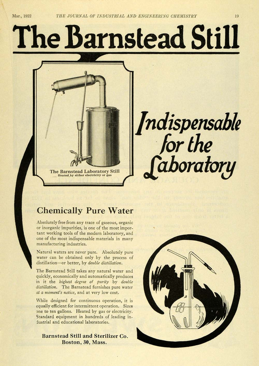 1922 Ad Laboratory Chemically Pure Water Barnstead Gas Distillation IE ...