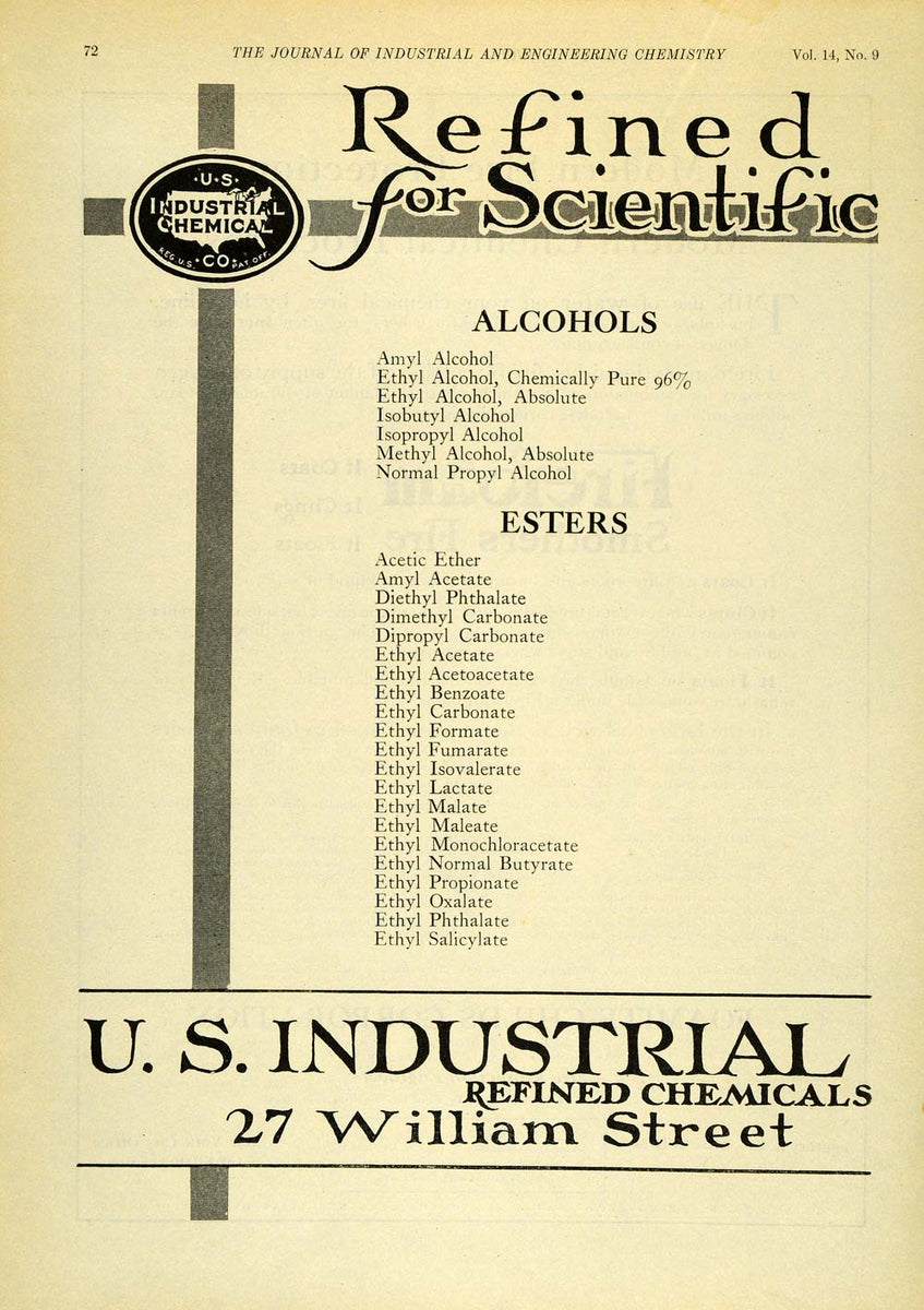 1922 Ad Refined Chemicals U. S. Industrial Chemistry Scientific Materi ...