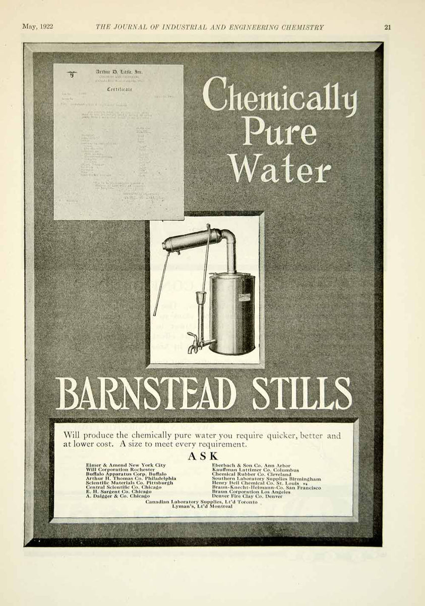 1922 Ad Canadian Laboratory Barnstead Stills Water Purifier Industrial ...