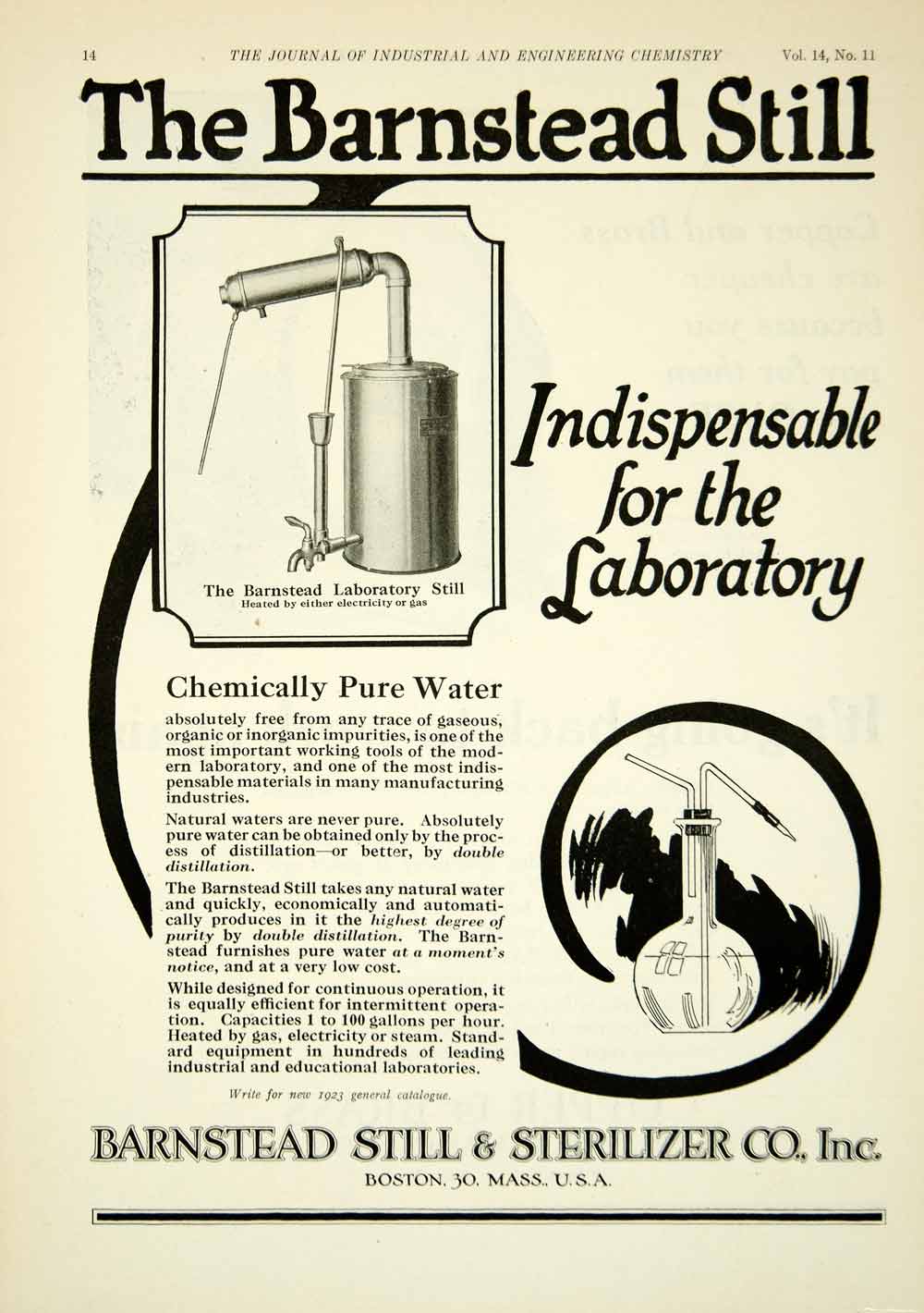 1922 Ad Barnstead Laboratory Still Sterilizer Science Chemistry Boston ...