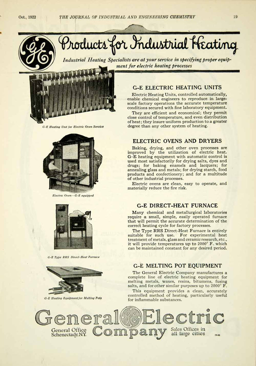 1922 Ad General Electric GE Industrial Heating Oven Dryer Furnace Appl ...