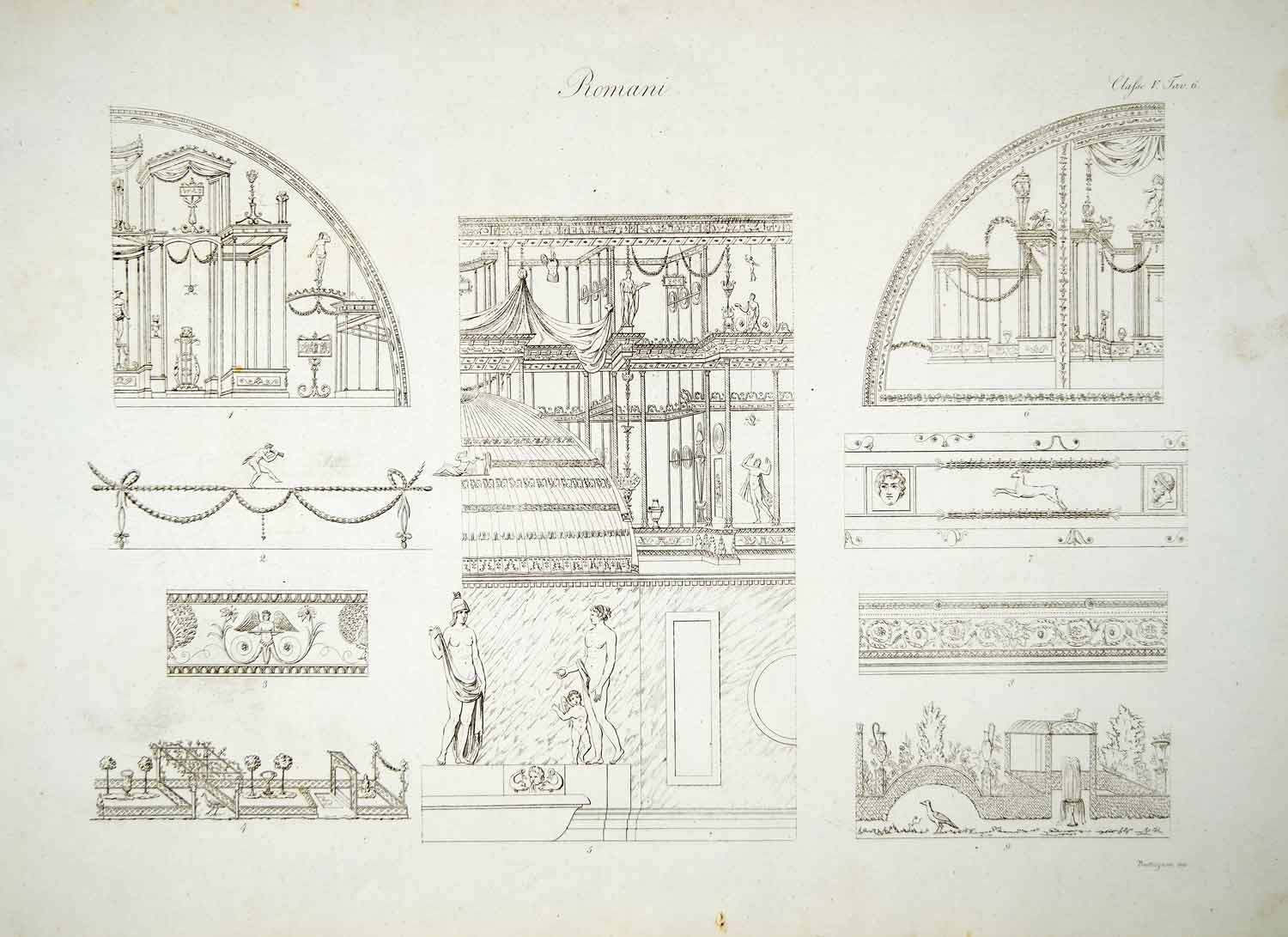 1833 Copper Engraving Art Ancient Roman Architecture Arabesques Baths ...