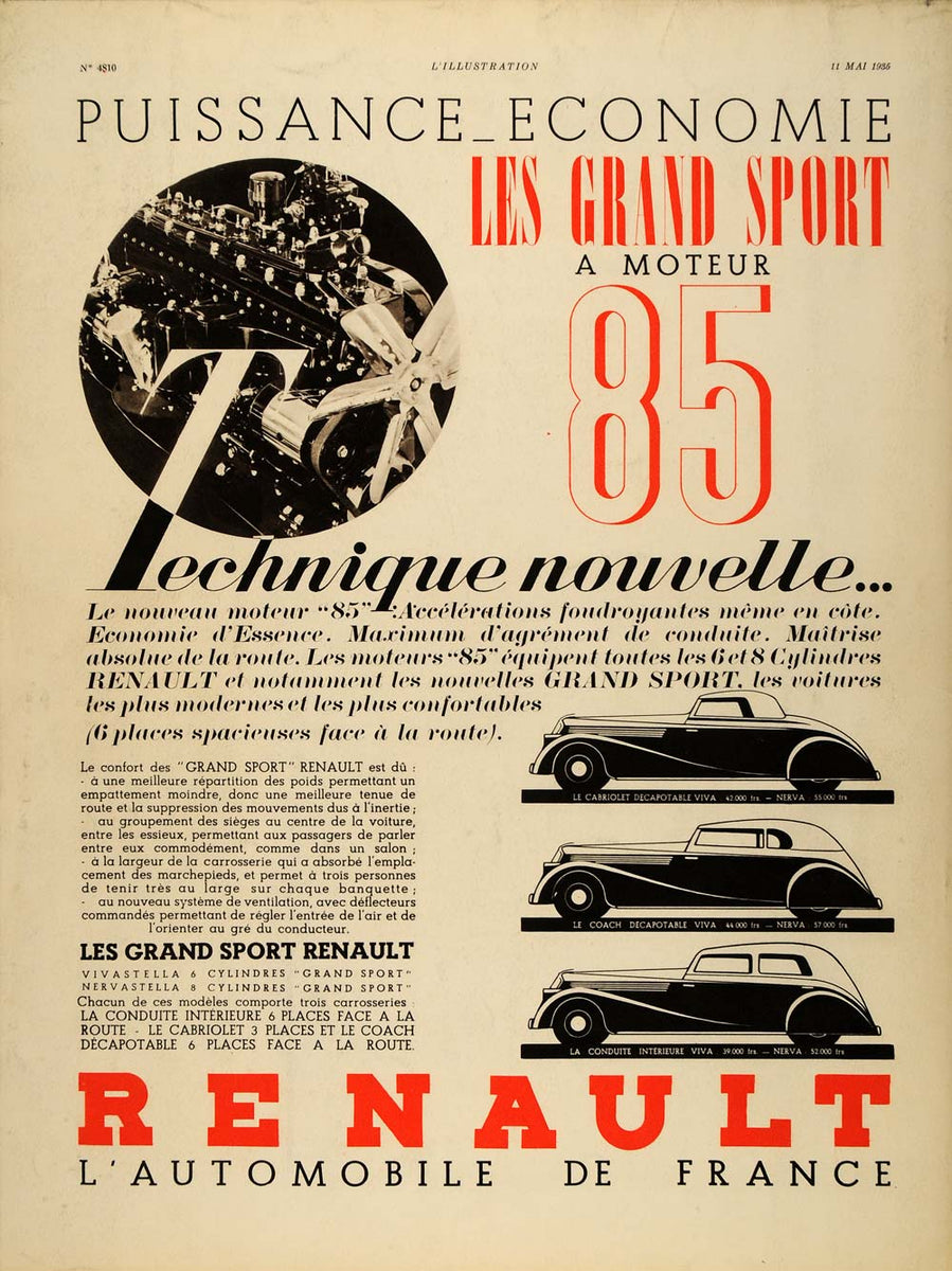 1935 French Ad Renault Les Grand Sport Car Lithograph - ORIGINAL ILL2 ...