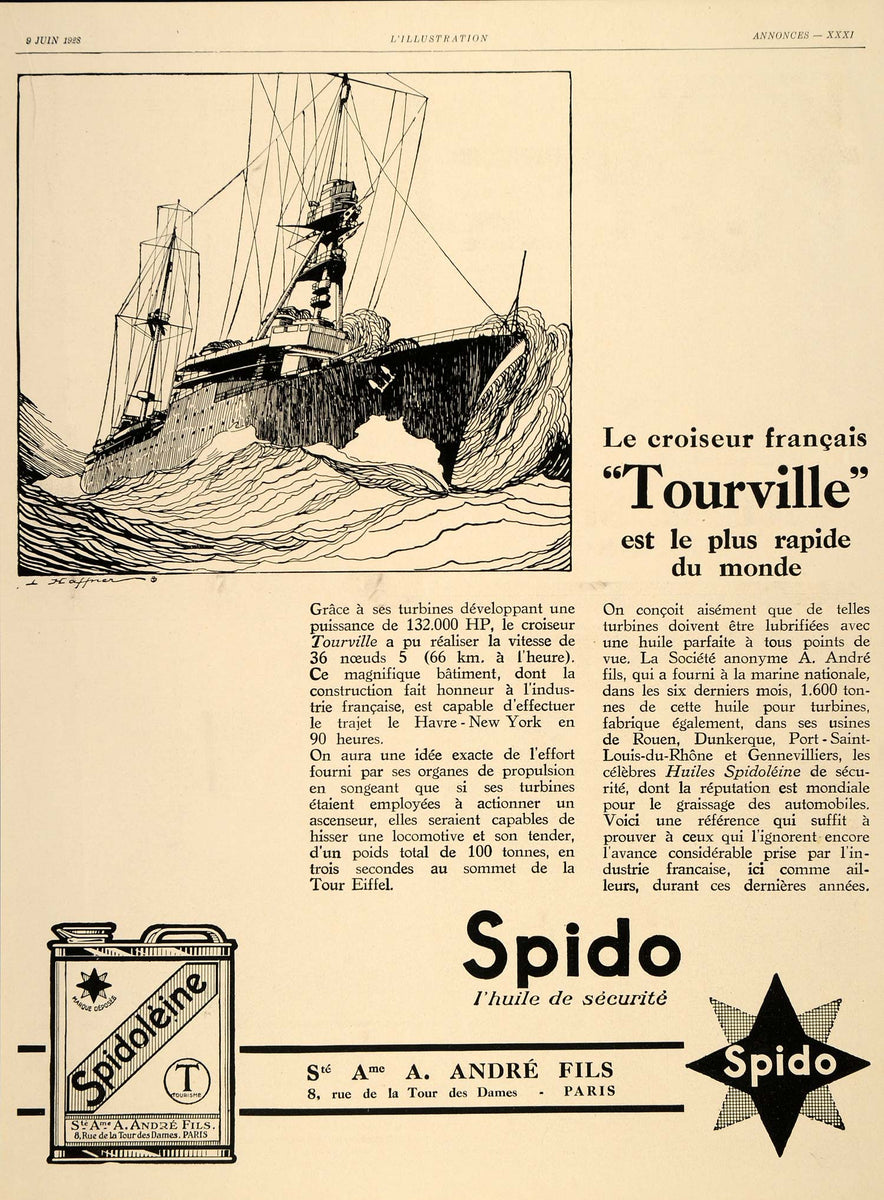 1928 Ad French Spido Oil Ship Haffner Cruiser Tourville - ORIGINAL ILL ...