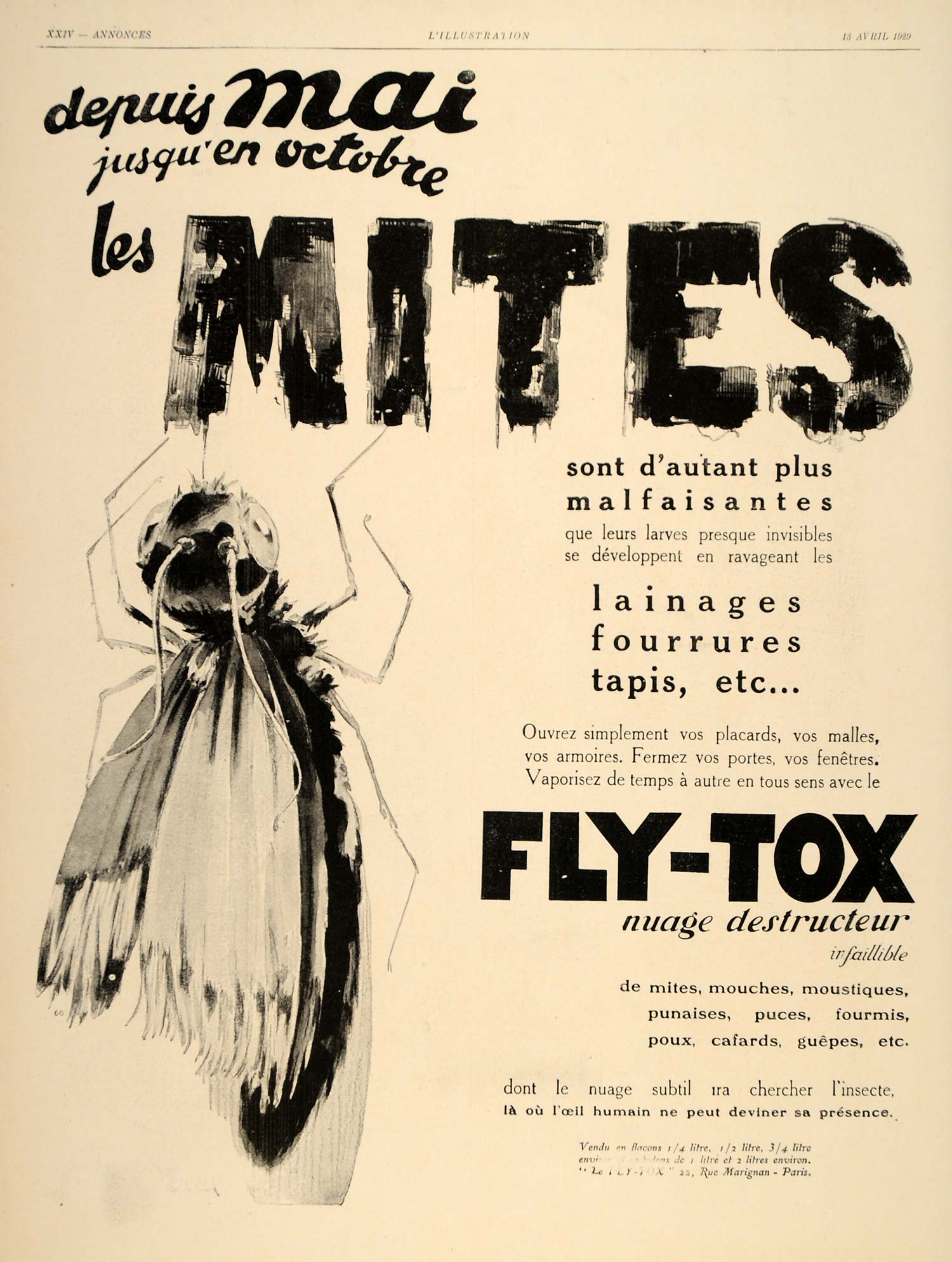 1929 Ad Fly Tox Insect Killer Repellant Pest Bug French - ORIGINAL ILL ...