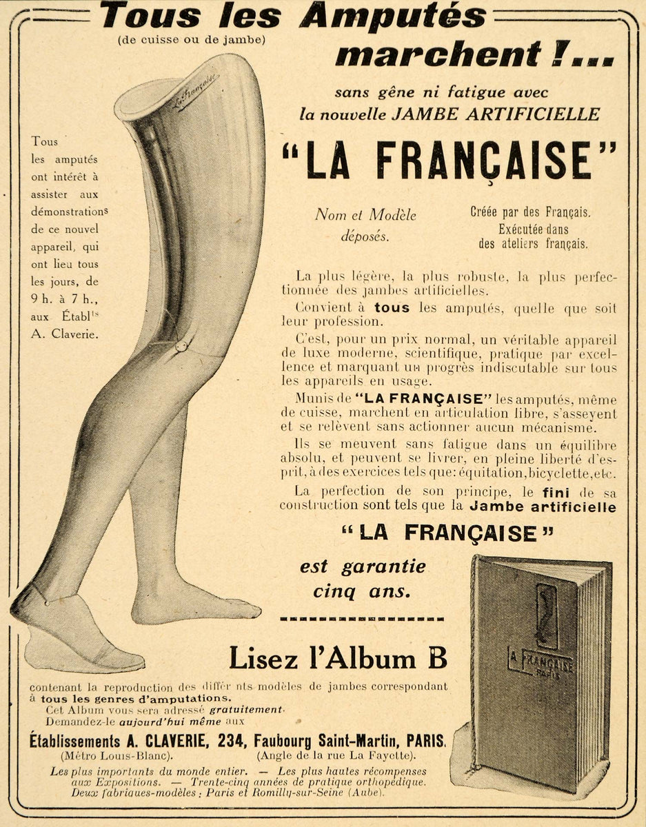 1920 Ad French Artificial Limb Amputee Leg Francaise - ORIGINAL ADVERT ...