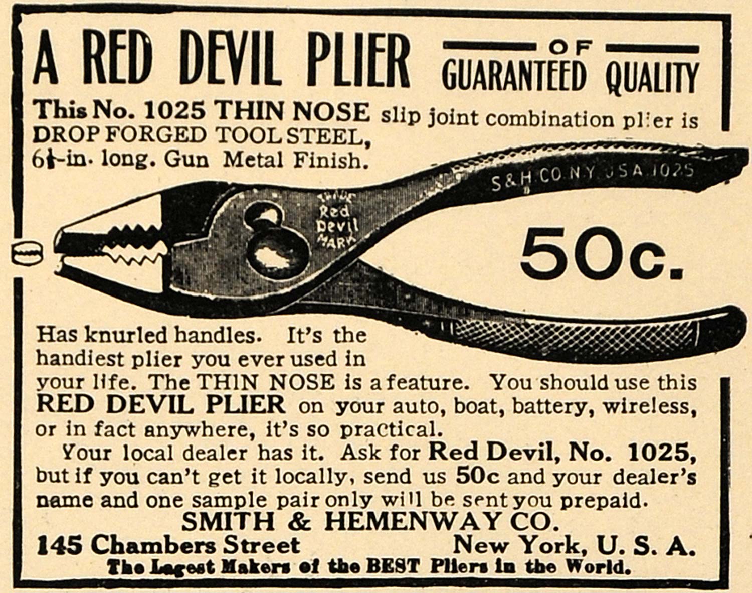 1915 Ad Smith & Hemenway Co. Red Devil Plier Tools - ORIGINAL ADVERTIS ...