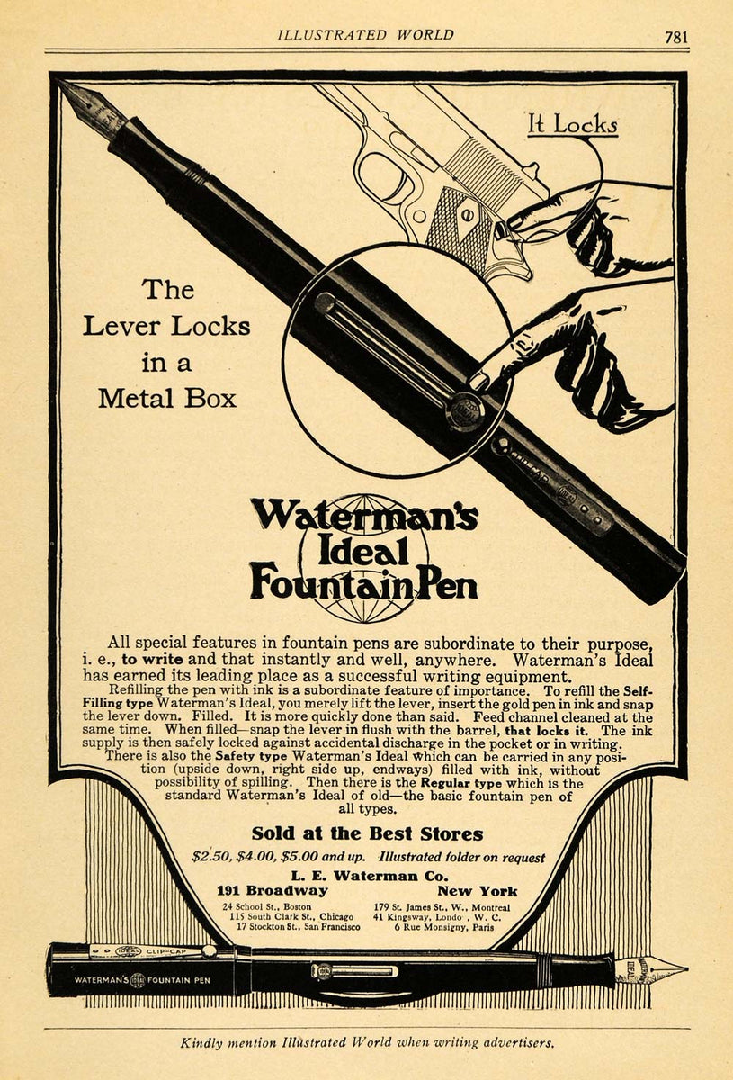 1918 Ad Lewis Waterman's Fountain Pen Writing Gun Ink - ORIGINAL ILW1 ...