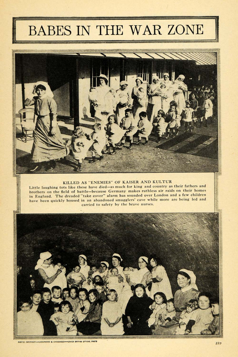 1918 Print Children War Kaiser Bomb Battle England Raid ORIGINAL HISTO ...