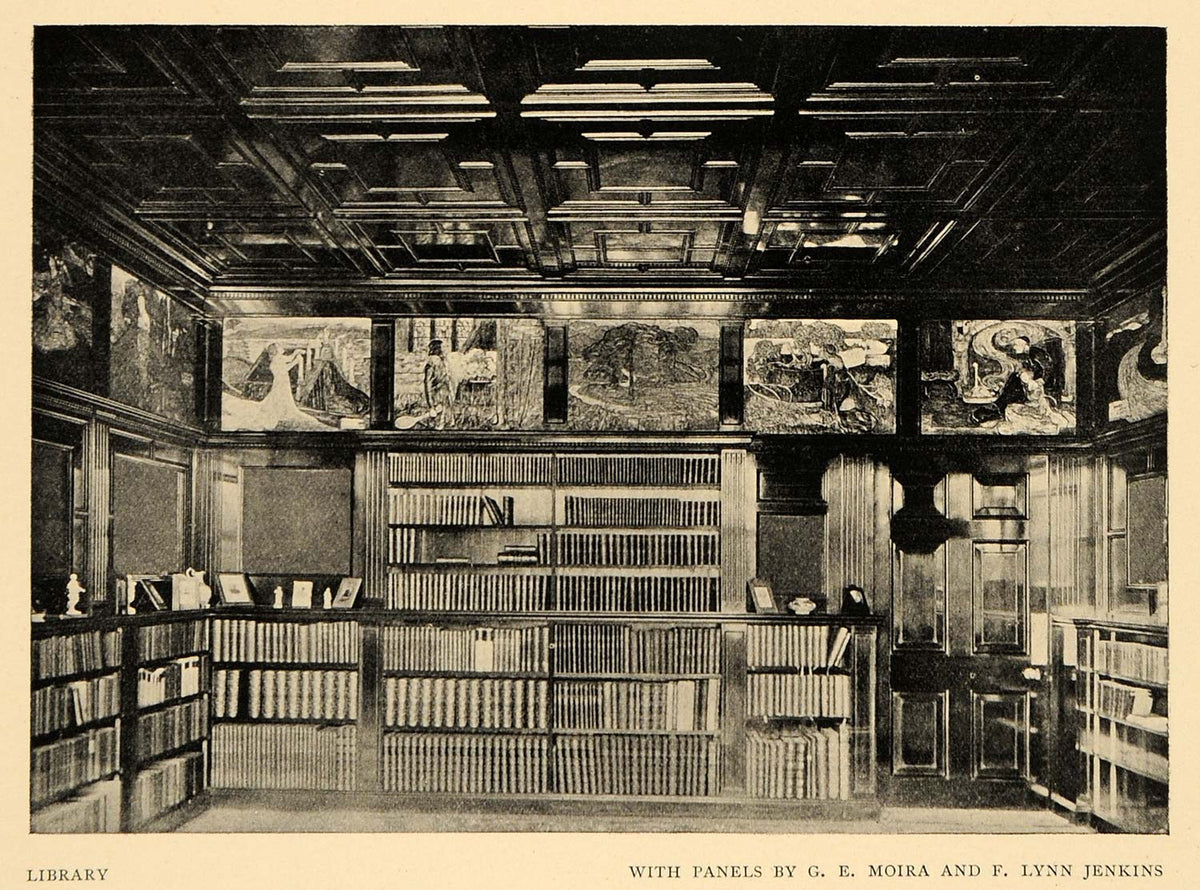 1899 Print Library Panels Books Shelves Paintings Moira ORIGINAL HISTO ...