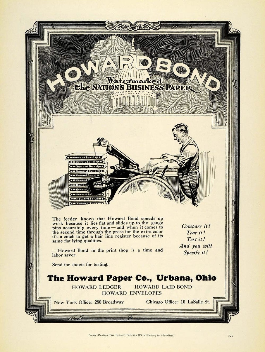 1925 Ad Howard Paper Co Laid Bond Ledger Envelopes Vintage Press Urban ...