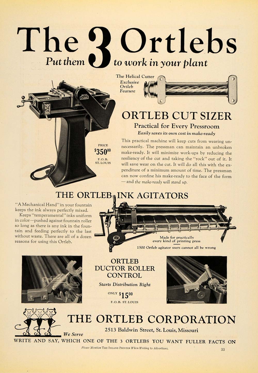 1930 Ad Ortleb Cut Sizer Ink Agitators Ductor Roller - ORIGINAL ADVERT ...
