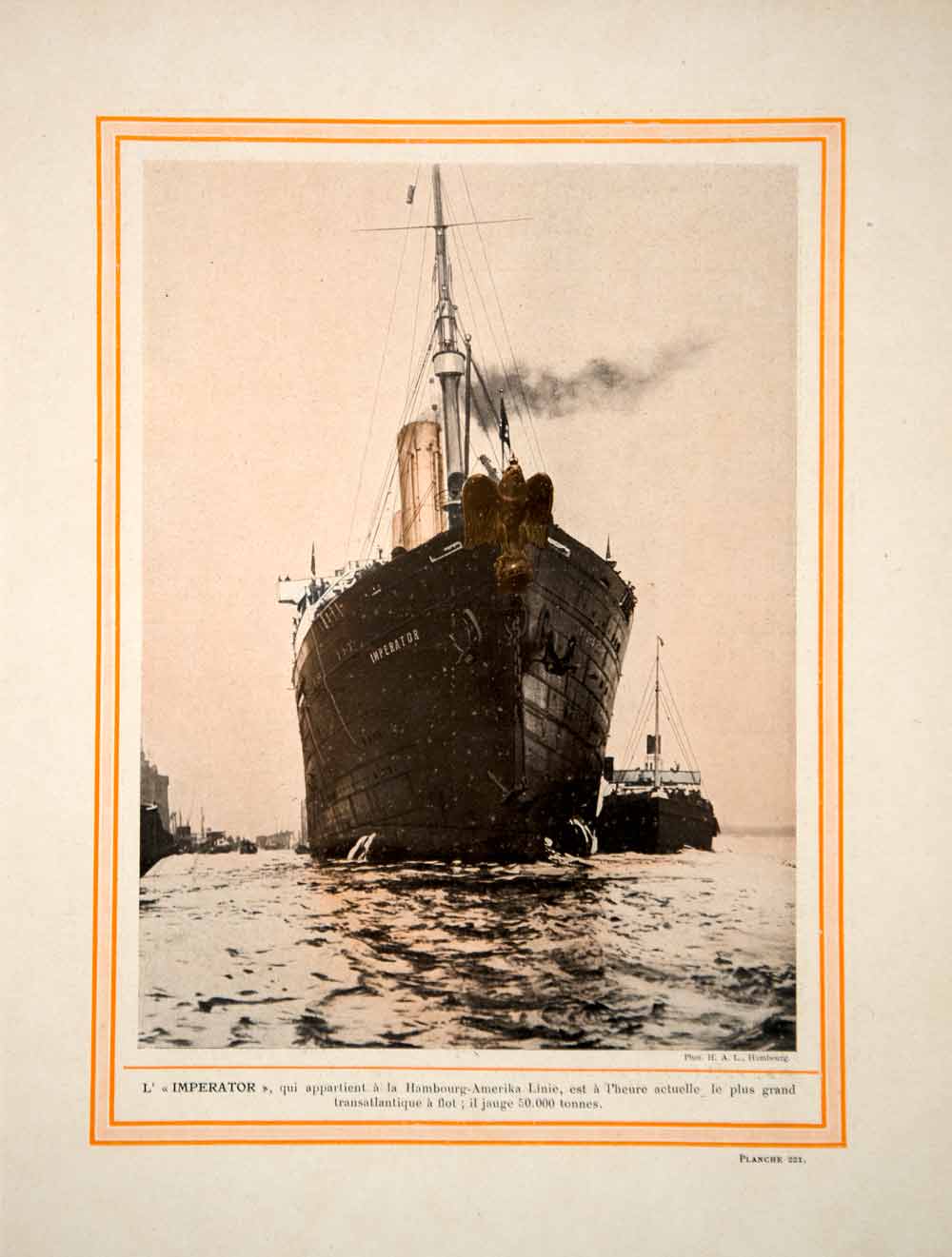 1914 Color Print SS Imperator Hamburg America Line Ocean Liner Bow Ger ...