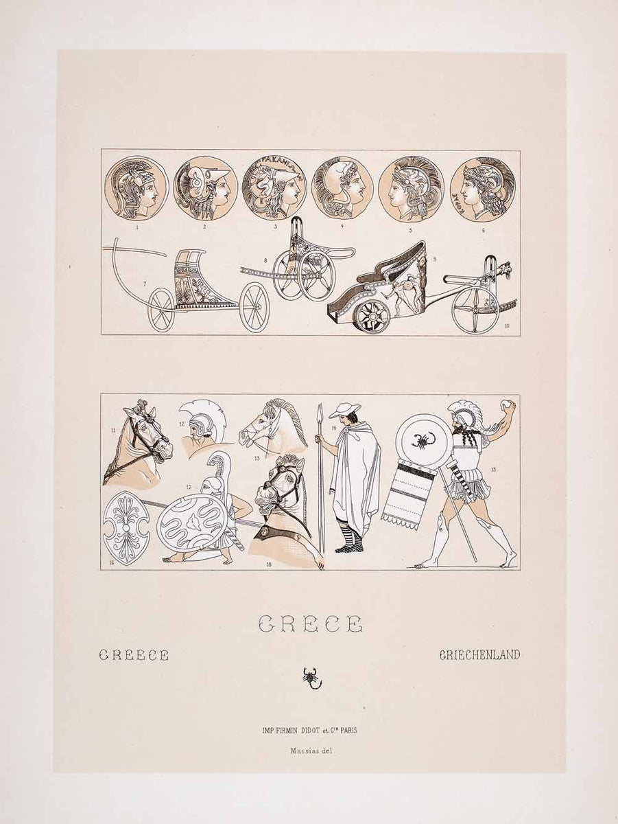 1888 Chromolithograph Ancient Greek Hemlmet Chariot Hoplite Uniform Sh ...