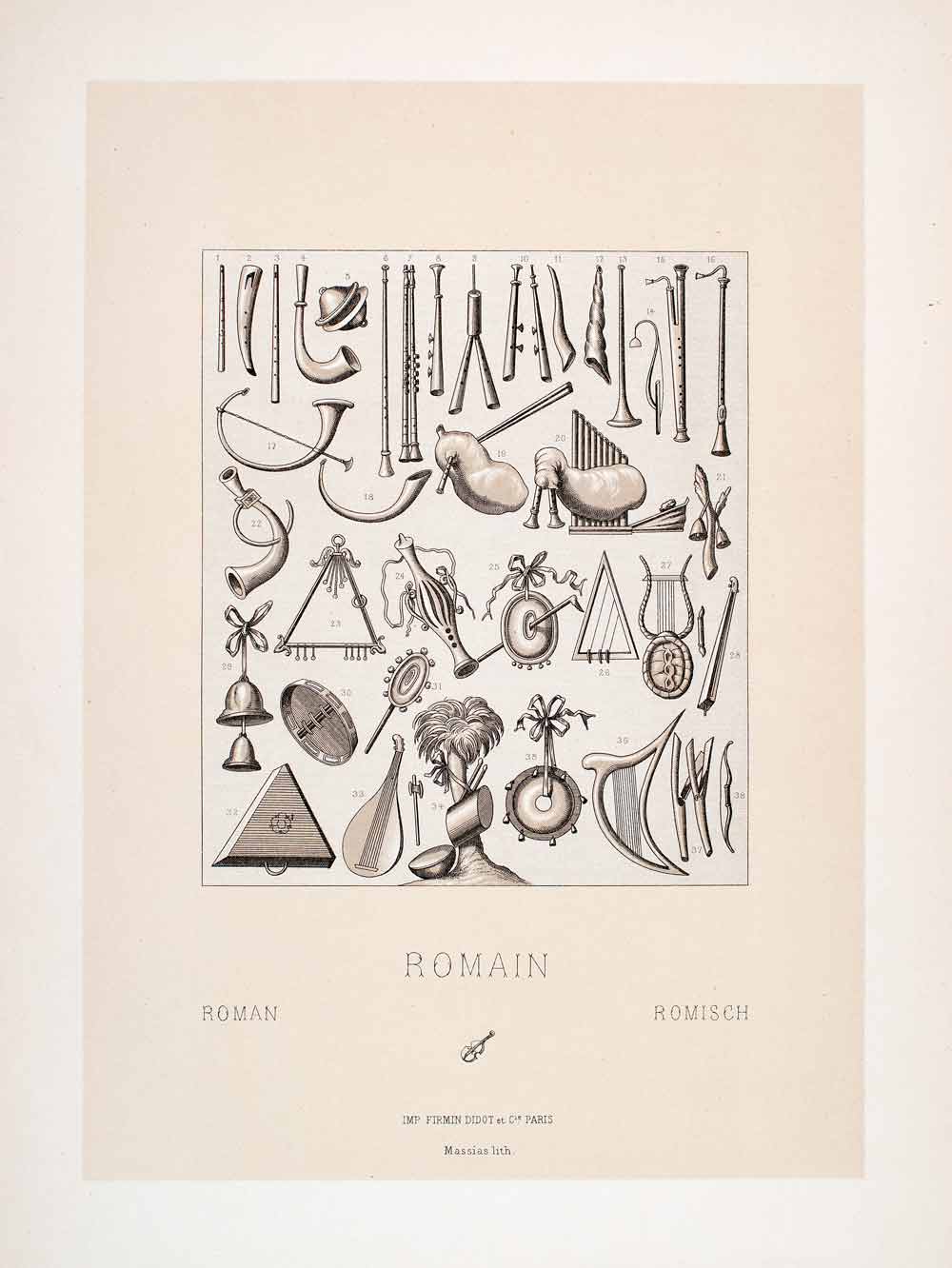 1888 Chromolithograph Ancient Roman Music Instruments Tibia Flute Trum ...