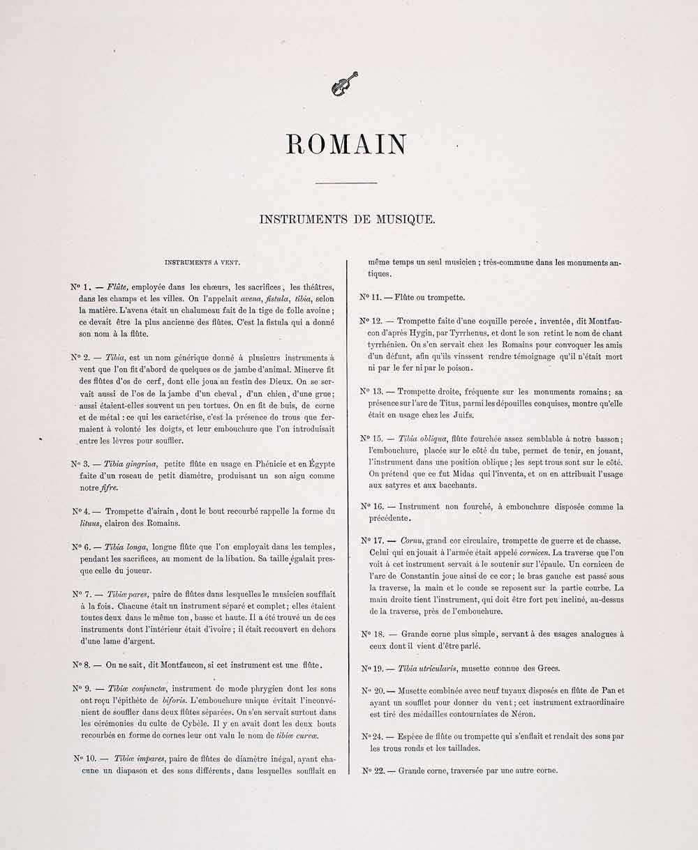 1888 Chromolithograph Ancient Roman Music Instruments Tibia Flute Trum ...