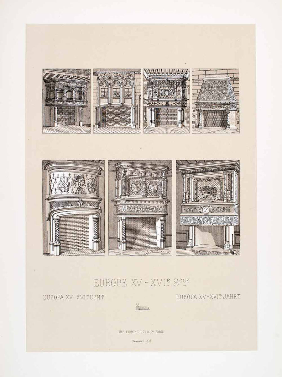 1888 Chromolithograph Chimney Fireplace Medieval Design Interior Blois ...