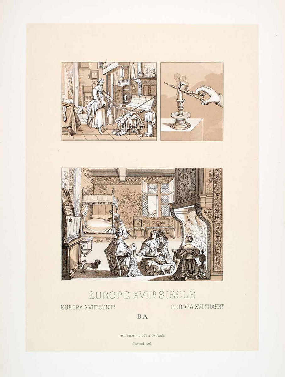 1888 Chromolithograph Louis Bedroom Fireplace Chest Interior Costume L ...